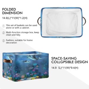 Storage Basket Ocean Sea Dolphin Fish Storage Bin with Handle Foldable Rectangle Fabric Organizer Basket for Home Bedroom Nursery Closet, 2 Pack