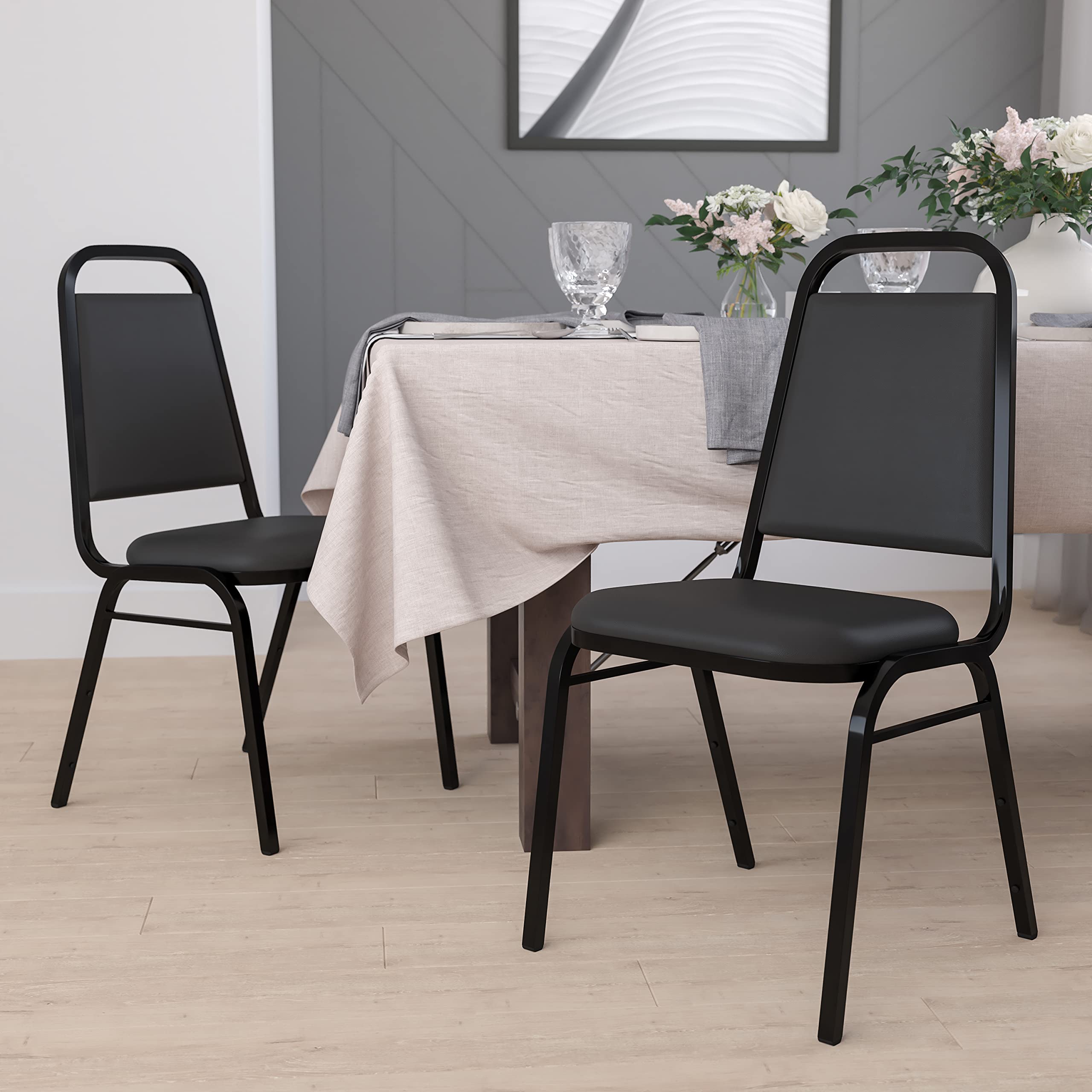 BizChair 4 Pack Trapezoidal Back Stacking Banquet Chair in Black Vinyl with 1.5" Thick Seat