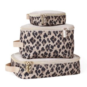 itzy ritzy packing cubes - set of 3 packing cubes or travel organizers; each cube features a mesh top, double zippers & a fabric handle, leopard