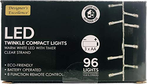 LED Twinkle Compact Lights 10.8Ft Warm White w Clear Strand Battery Operated 8 Function Remote Control