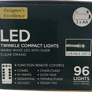 LED Twinkle Compact Lights 10.8Ft Warm White w Clear Strand Battery Operated 8 Function Remote Control