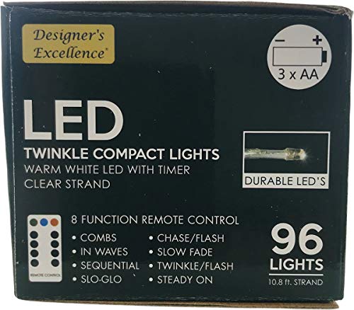 LED Twinkle Compact Lights 10.8Ft Warm White w Clear Strand Battery Operated 8 Function Remote Control