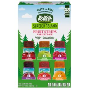 stretch island black forest fruit strips, variety pack, cherry, apple, raspberry, grape, strawberry, apricot, 0.5ounce strips (pack of 48)