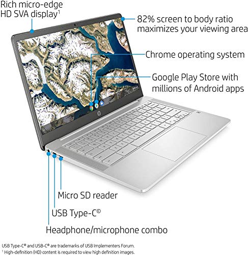 HP Chromebook 14" HD Thin and Light Laptop, Intel Celeron N4000 Dual-Core Processor, 4GB RAM, 32GB eMMC, Backlit Keyboard, WiFi, Up to 13 hrs Battery Life, Chrome OS, Ceramic White