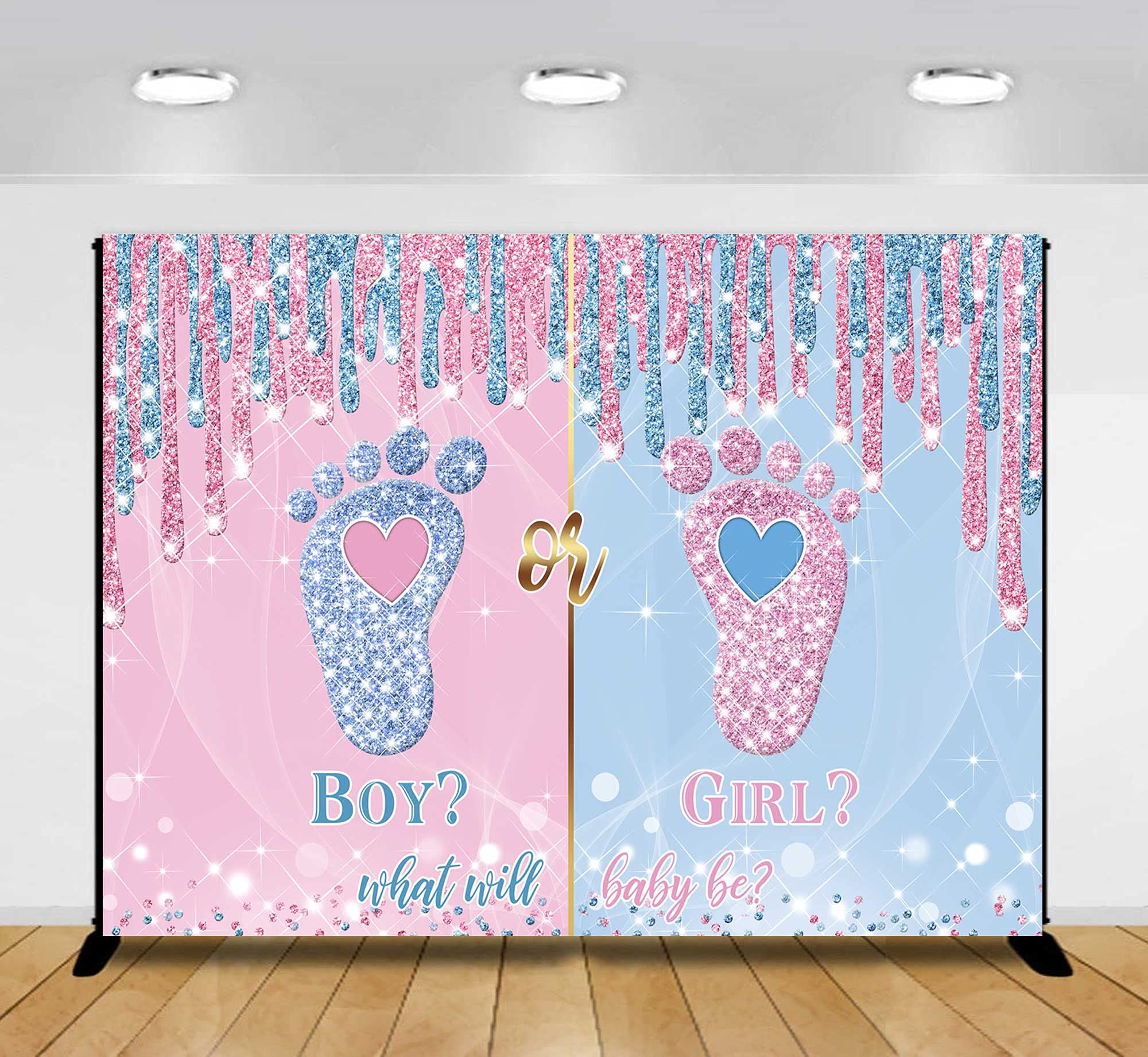 Sensfun 7x5ft Little Feet Gender Reveal Backdrop Boy or Girl What Will Baby Be Party Decoration Pink Blue Backdrops for Baby Gender Reveal Surprise Party Banner Supplies