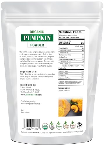 Z Natural Foods Organic Pumpkin Powder - Make Delicious Pumpkin Spice Lattes Coffee - Plant Based Superfood Supplement For Cooking Baking Recipes - Raw, Vegan, Non GMO, Gluten Free, Kosher - 1 lb Size