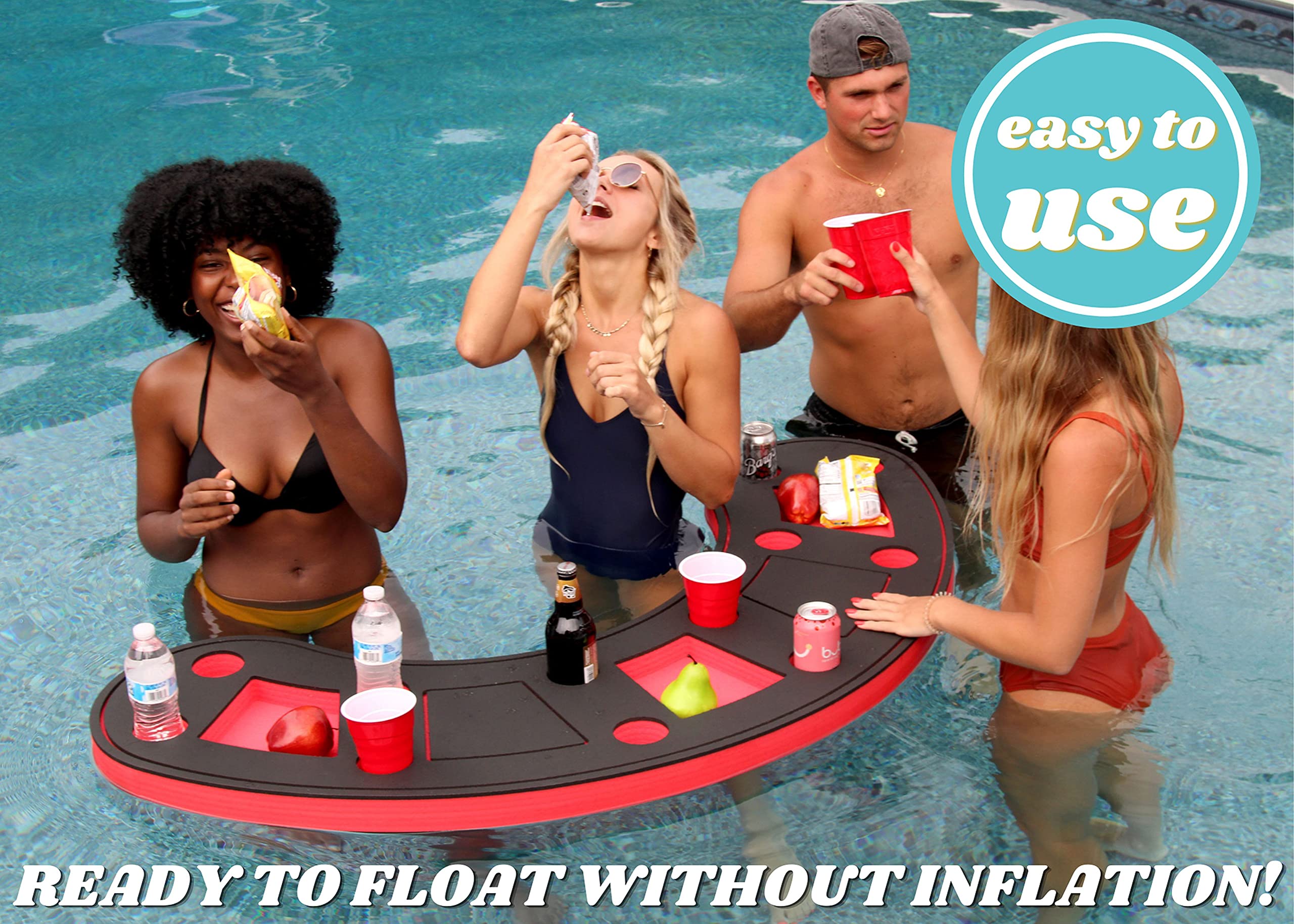 Polar Whale Giant Red and Black Floating Bar Table Tray Bartender Drink Holder for Pool or Beach Party Float Lounge Refreshment Durable UV Resistant Foam 15 Compartment with Cup Holders 5 Feet Long