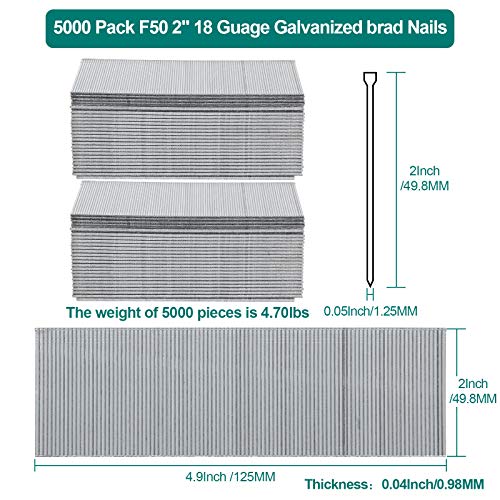 MIVIDE 5000 Pack 18 Gauge Brad Nails 2inch, Galvanized Brad Nails Heavy Duty for Nail Gun, 18 Gauge Straight Pin Nailers, Pneumatic Staple Guns