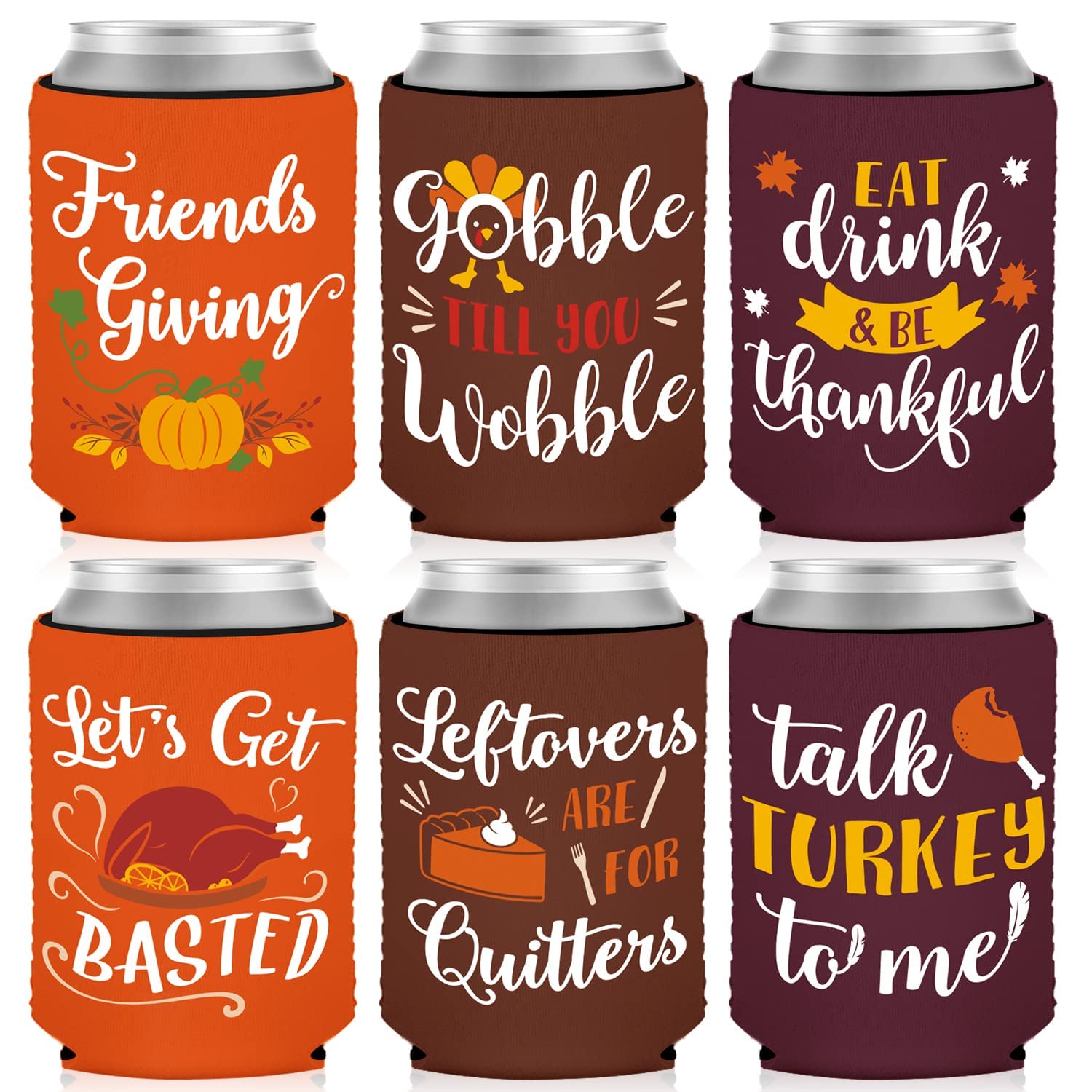 6PCS Friendsgiving Decorations Can Cooler Friends Gathering Neoprene Can Sleeve Thanksgiving Fall Party Decor Potluck Dinner for Soda Beverage Thankful Feast Party Supplies