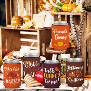 6PCS Friendsgiving Decorations Can Cooler Friends Gathering Neoprene Can Sleeve Thanksgiving Fall Party Decor Potluck Dinner for Soda Beverage Thankful Feast Party Supplies