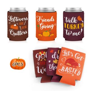 6PCS Friendsgiving Decorations Can Cooler Friends Gathering Neoprene Can Sleeve Thanksgiving Fall Party Decor Potluck Dinner for Soda Beverage Thankful Feast Party Supplies