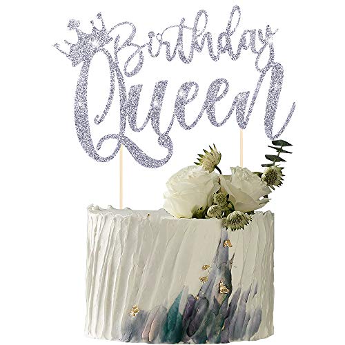 YUINYO Handmade Glitter Queen Birthday Cake Topper, Happy Birthday Cake Bunting Decor, Birthday Party Decoration Supplies (Sliver)