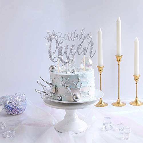 YUINYO Handmade Glitter Queen Birthday Cake Topper, Happy Birthday Cake Bunting Decor, Birthday Party Decoration Supplies (Sliver)