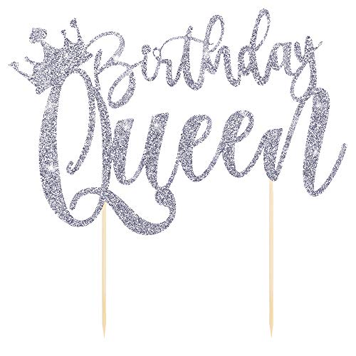 YUINYO Handmade Glitter Queen Birthday Cake Topper, Happy Birthday Cake Bunting Decor, Birthday Party Decoration Supplies (Sliver)