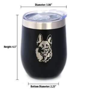 German Shepherd Wine Tumbler with Sliding Lid - Stemless Stainless Steel Insulated Cup - German Shepherds Outdoor Camping Mug - Black