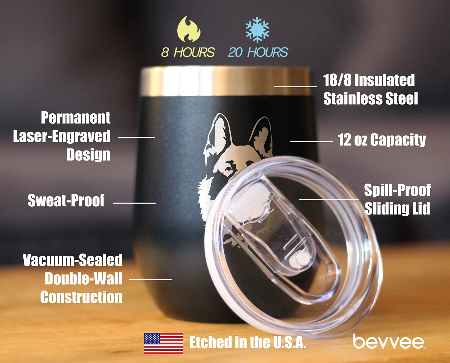 German Shepherd Wine Tumbler with Sliding Lid - Stemless Stainless Steel Insulated Cup - German Shepherds Outdoor Camping Mug - Black