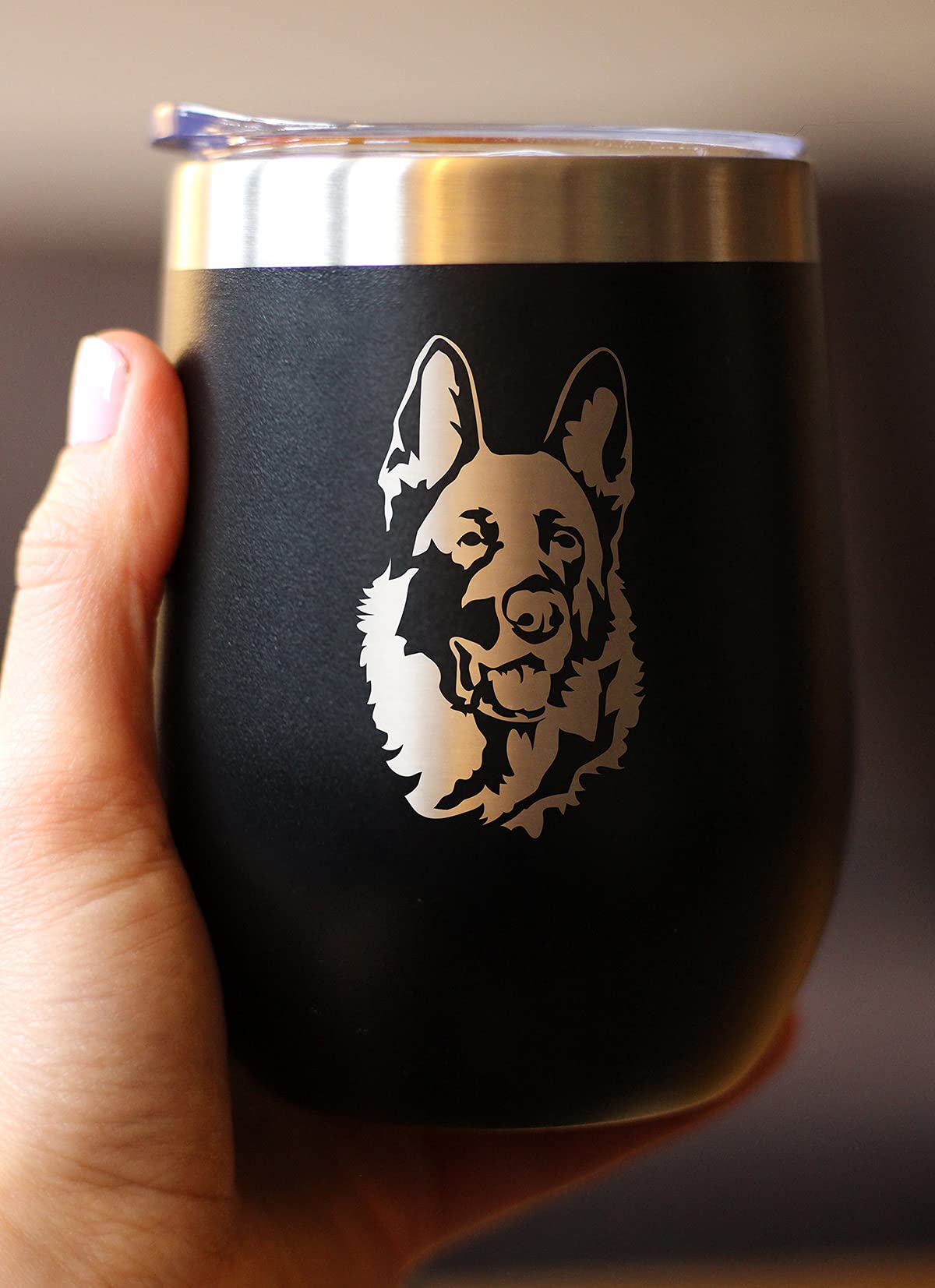 German Shepherd Wine Tumbler with Sliding Lid - Stemless Stainless Steel Insulated Cup - German Shepherds Outdoor Camping Mug - Black