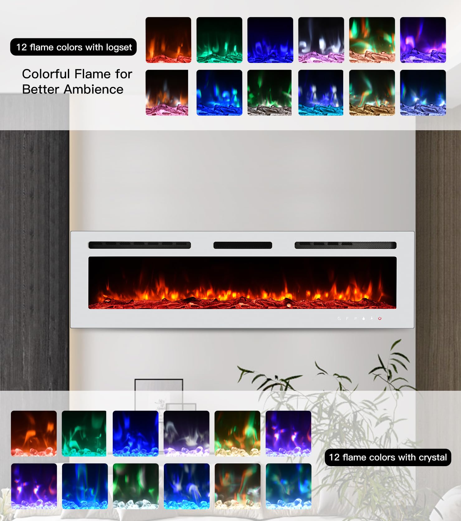 Ergosoft Extra-Thin Electric Fireplace 4inch Thickness, Wall-Mounted&Recessed Fireplace, Adjustable Flame and Heat with Remote Control and Touch Screen, 750-1500W, 60inch, White