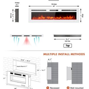 Ergosoft Extra-Thin Electric Fireplace 4inch Thickness, Wall-Mounted&Recessed Fireplace, Adjustable Flame and Heat with Remote Control and Touch Screen, 750-1500W, 60inch, White