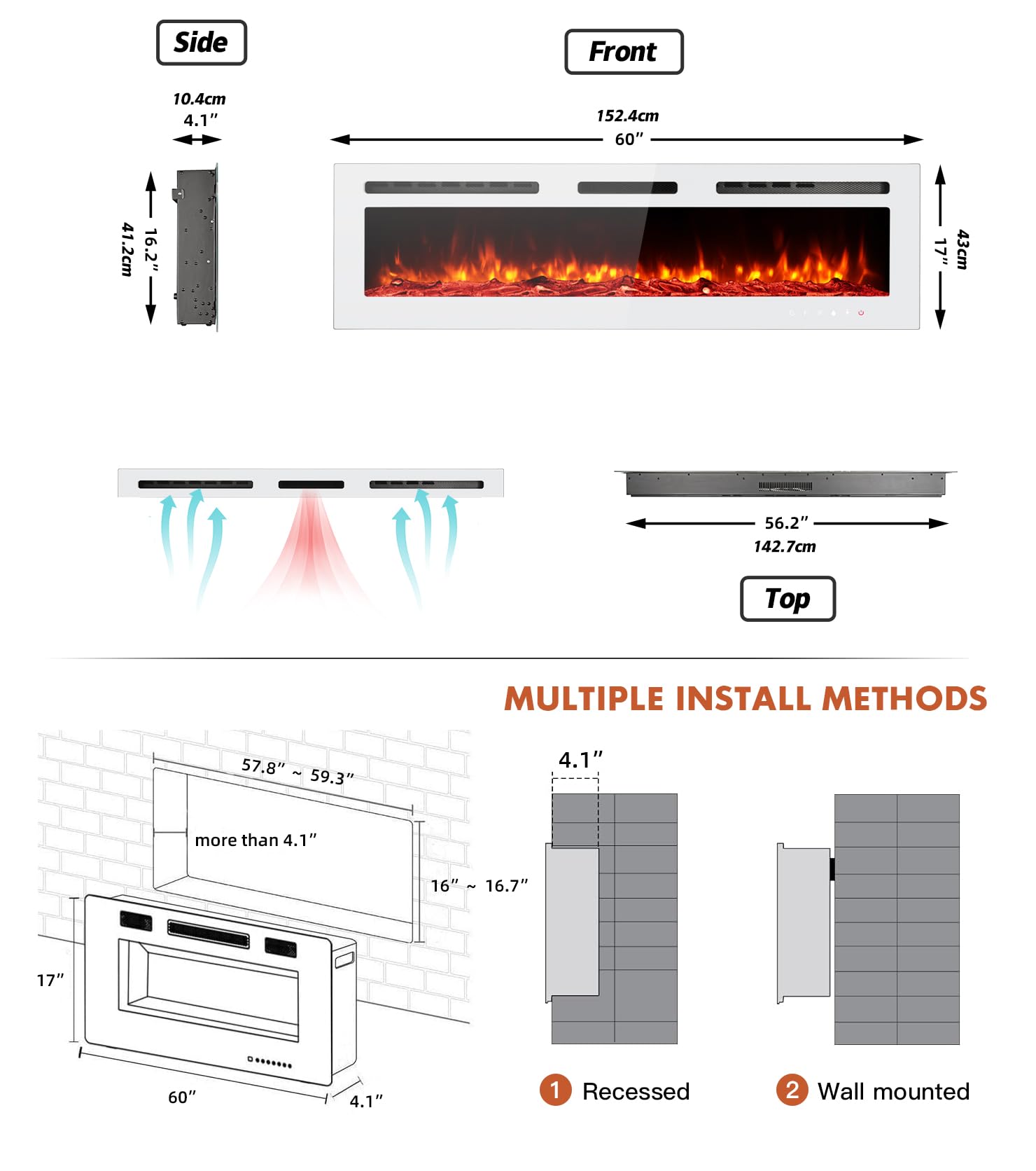 Ergosoft Extra-Thin Electric Fireplace 4inch Thickness, Wall-Mounted&Recessed Fireplace, Adjustable Flame and Heat with Remote Control and Touch Screen, 750-1500W, 60inch, White