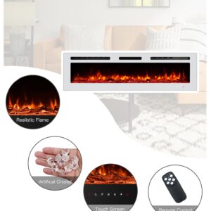 Ergosoft Extra-Thin Electric Fireplace 4inch Thickness, Wall-Mounted&Recessed Fireplace, Adjustable Flame and Heat with Remote Control and Touch Screen, 750-1500W, 60inch, White