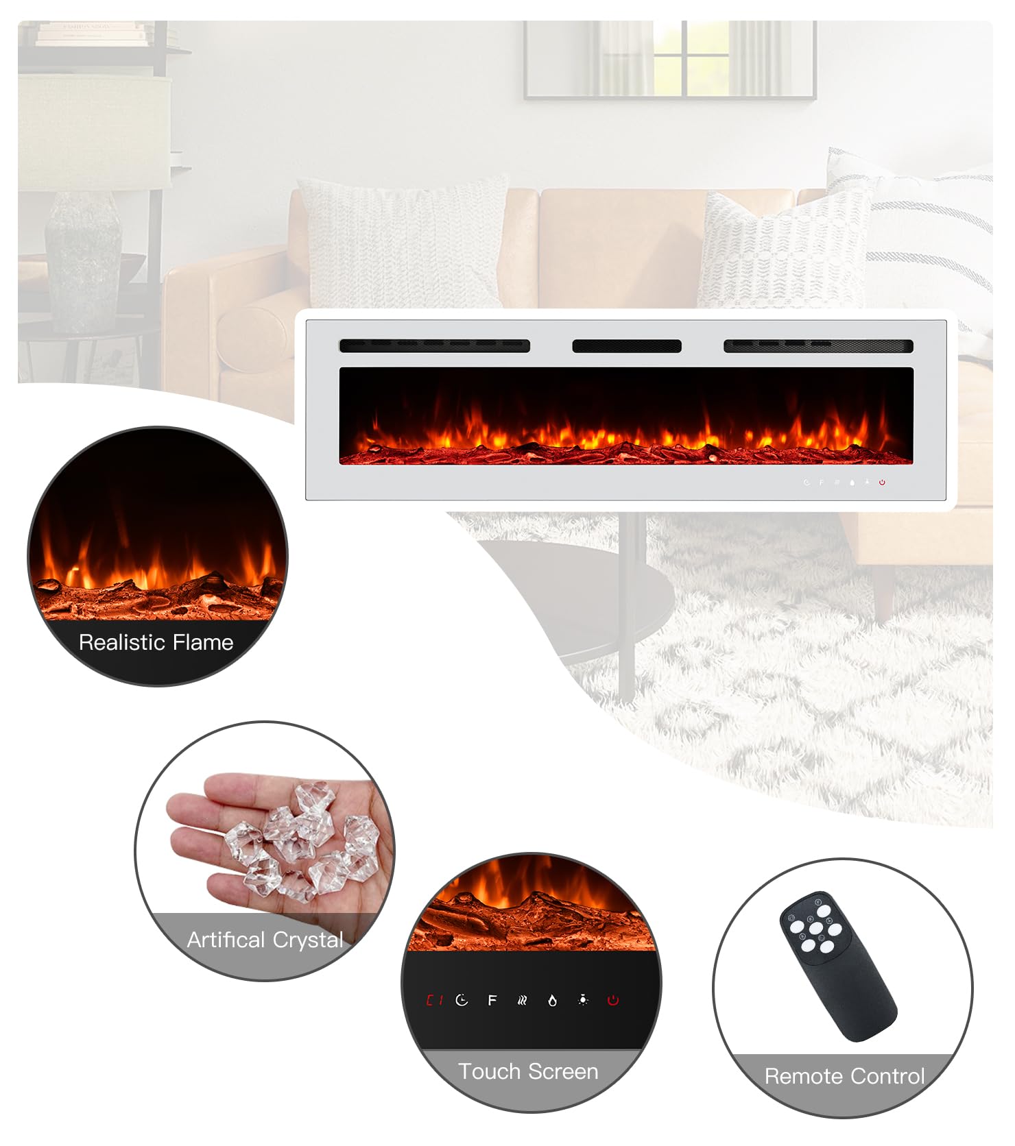 Ergosoft Extra-Thin Electric Fireplace 4inch Thickness, Wall-Mounted&Recessed Fireplace, Adjustable Flame and Heat with Remote Control and Touch Screen, 750-1500W, 60inch, White