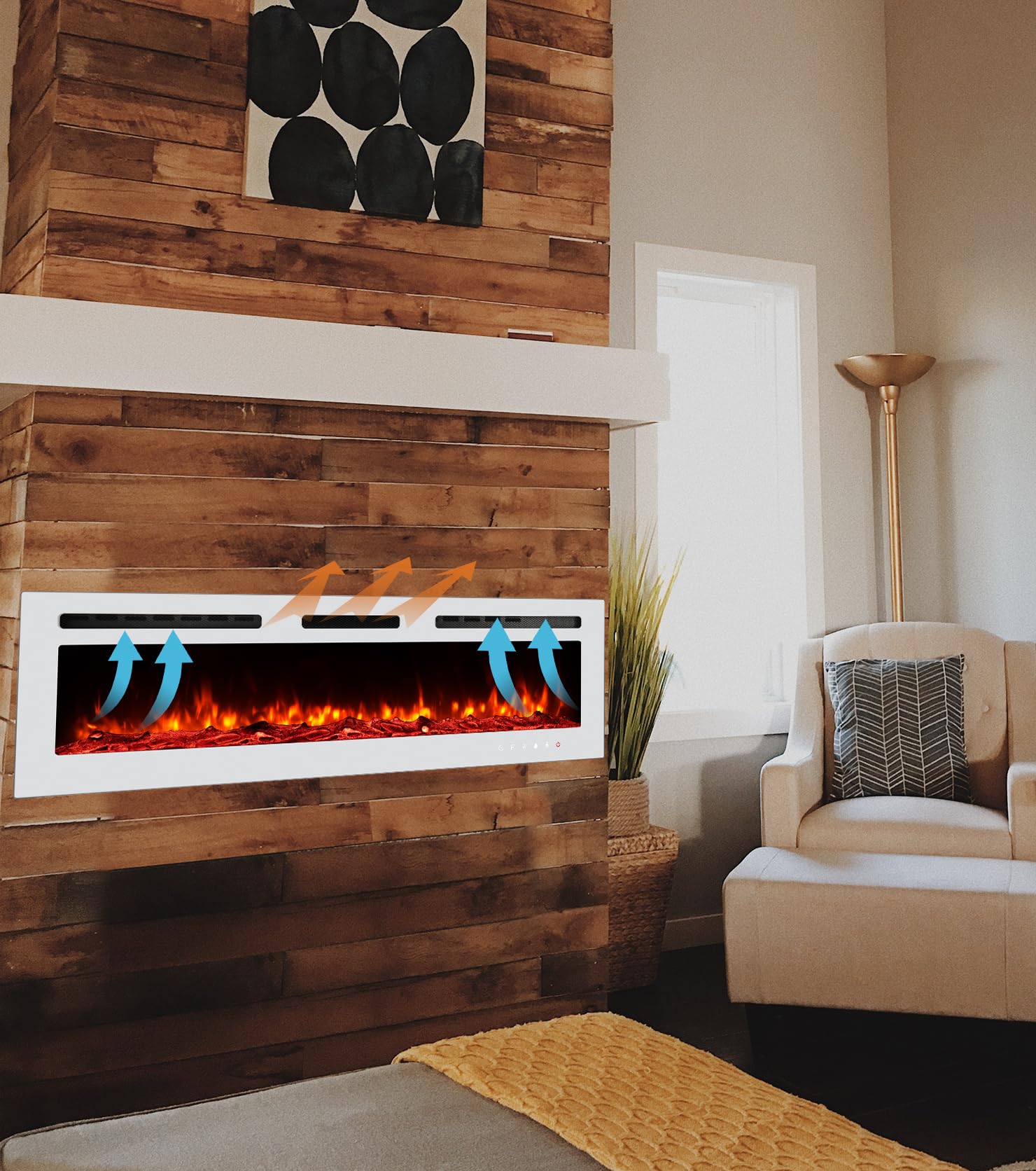 Ergosoft Extra-Thin Electric Fireplace 4inch Thickness, Wall-Mounted&Recessed Fireplace, Adjustable Flame and Heat with Remote Control and Touch Screen, 750-1500W, 60inch, White