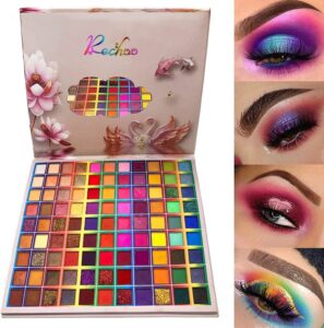 rechoo 99 colors eyeshadow palette, rainbow colors fusion eyeshadow palette, professional matte glitter makeup pallet, colorful powder long lasting eye shadow