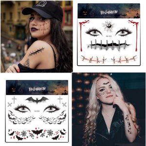 Ooopsiun Halloween Face Temporary Tattoos for Women Men Kids -Spider Bat Horror Fake Tattoo Stickers, Halloween Party Favors Supplies