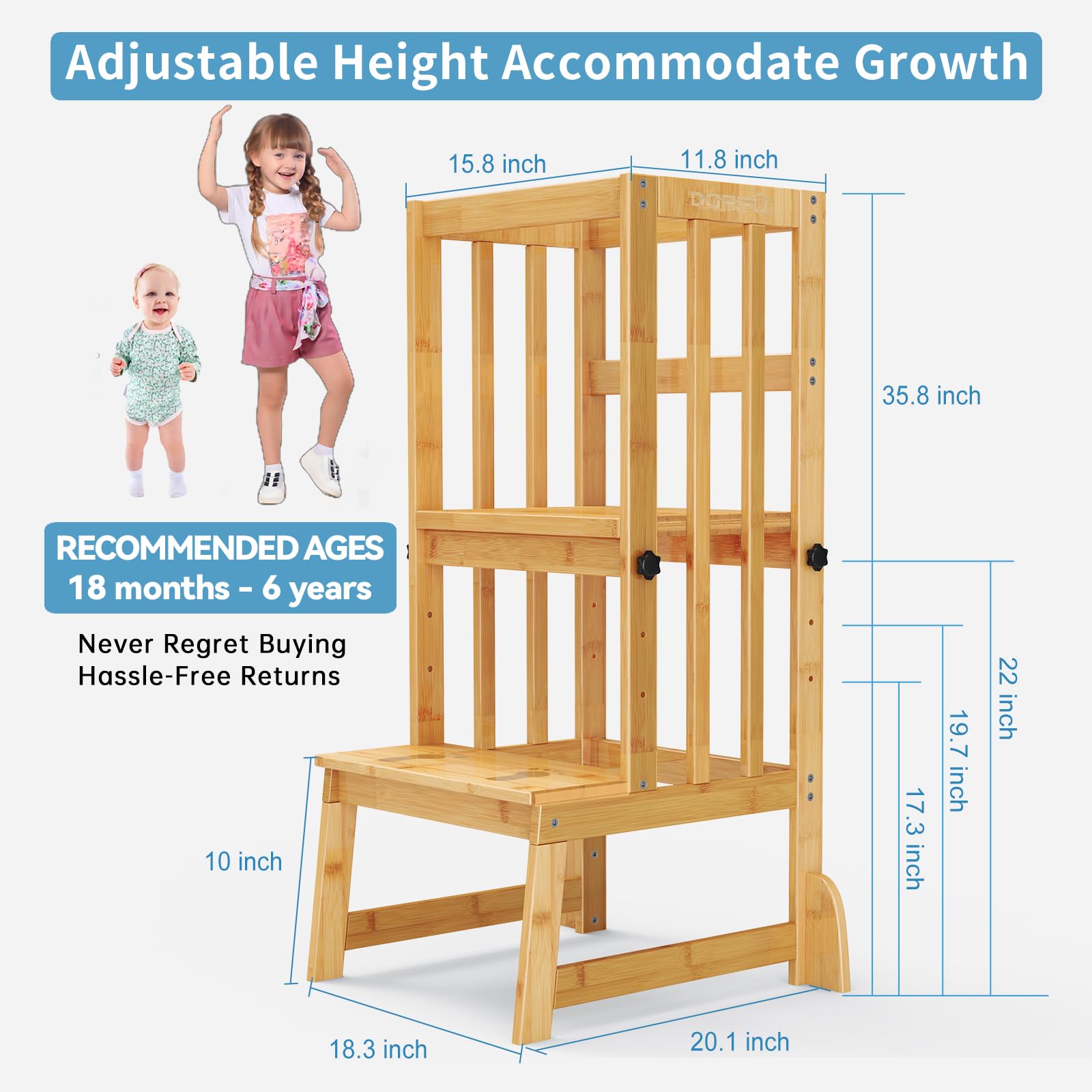 DORPU Toddler Tower, Adjustable Height Toddler Step Stool with CPC Certification, Safety Rail & Anti-tip Feet & Non-Slip Tapes Vertical Guardrail Toddler Stool for Kitchen, Natural Bamboo