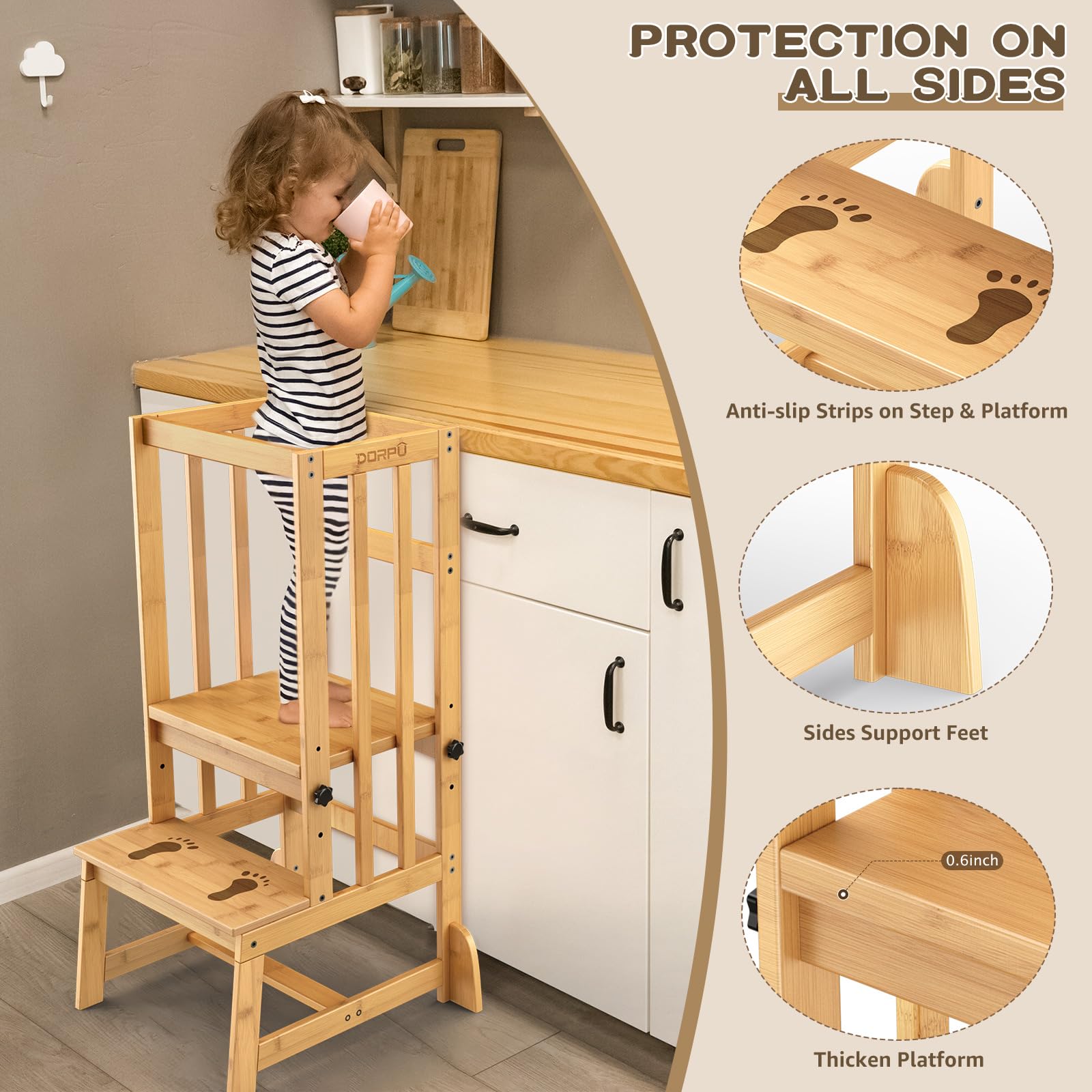 DORPU Toddler Tower, Adjustable Height Toddler Step Stool with CPC Certification, Safety Rail & Anti-tip Feet & Non-Slip Tapes Vertical Guardrail Toddler Stool for Kitchen, Natural Bamboo