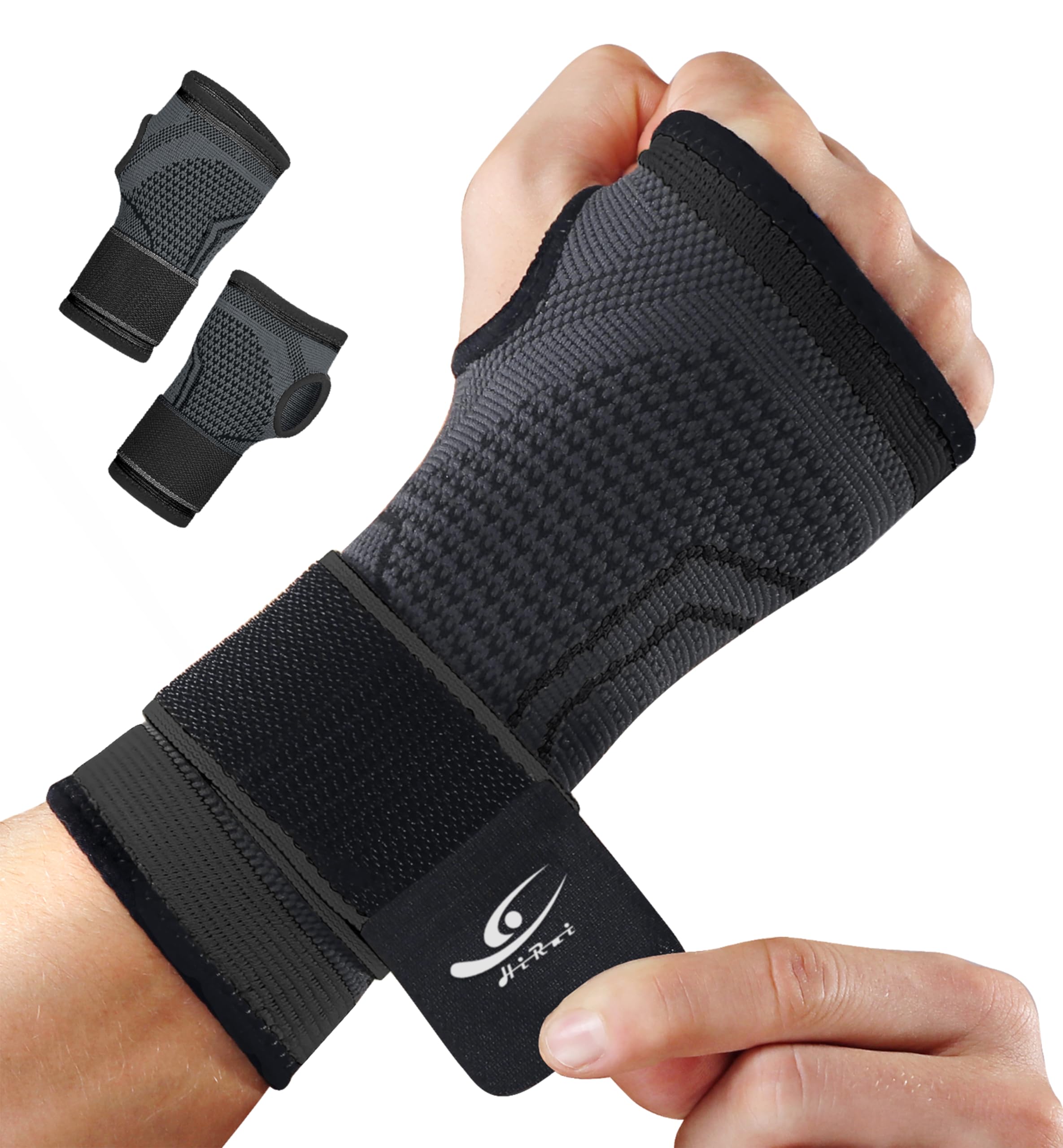 HiRui 2-Pack Wrist Brace Wrist Wraps, Hand Compression Sleeves with Wrist Straps Support for Fitness Weightlifting MTB Tendonitis Carpal Tunnel Arthritis Pain Relief (Black, Medium)