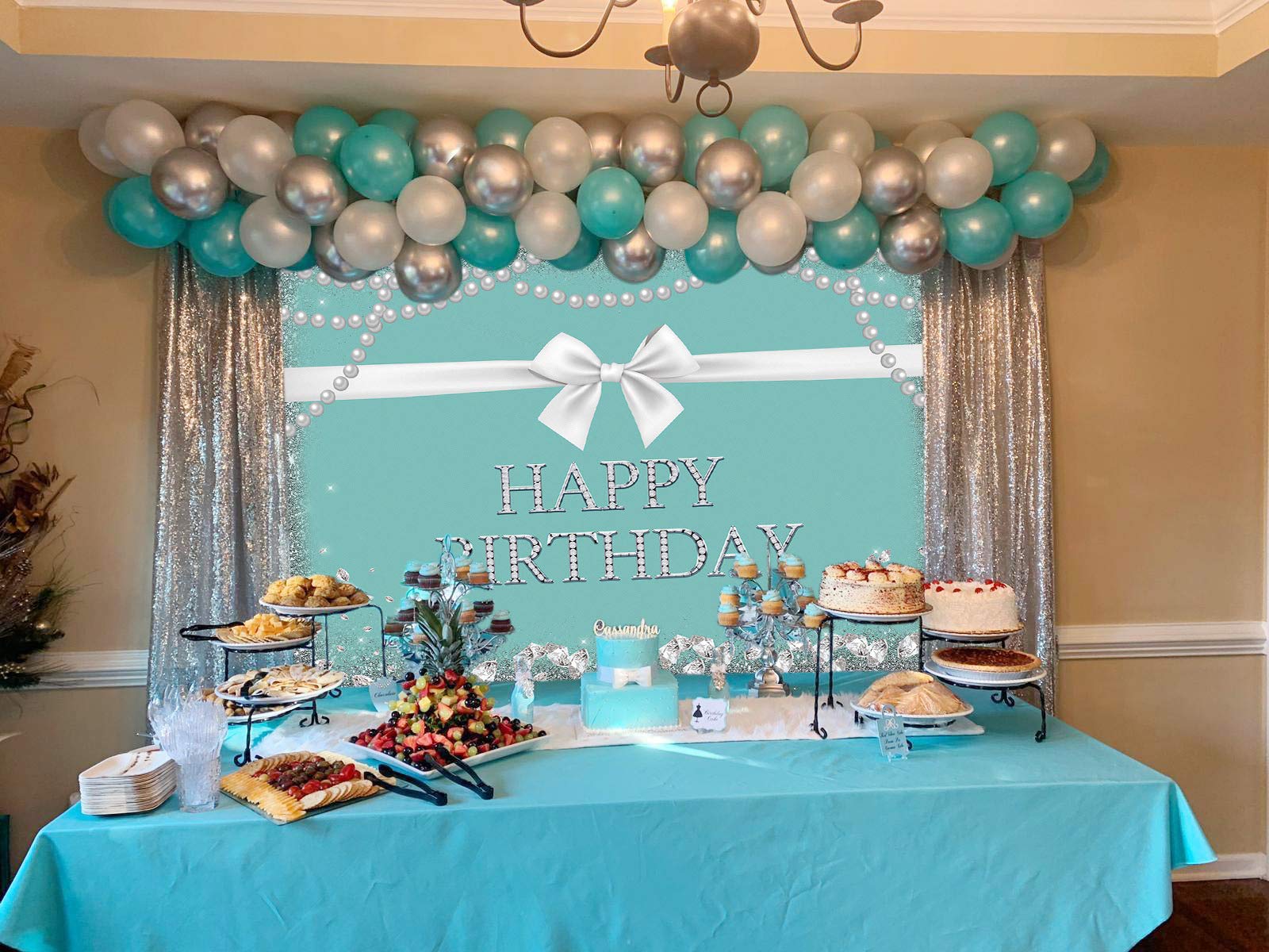 Tiffany Breakfast Blue Bow-Knot Backdrop Turquoise Diamonds Sweet 16 Birthday Party Background Baby Shower Bridal Shower Wedding Party Cake Table Decorations 7x5FT