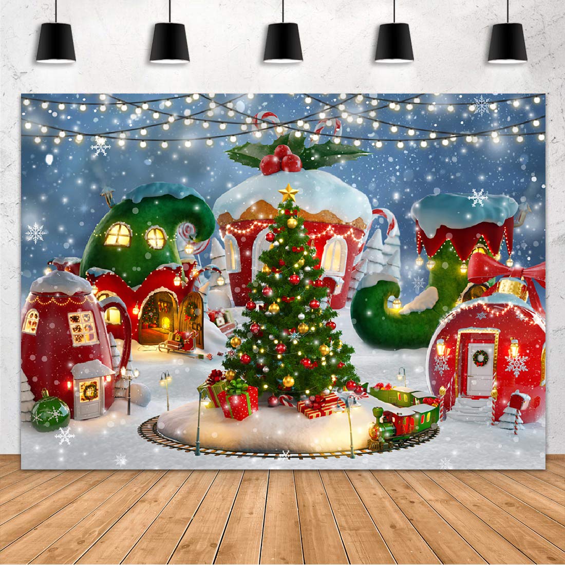 Aperturee 7x5ft Christmas Candy House Photography Backdrop Whoville Decoration Winter Snow Pine Tree Xmas Tree Snowflake Lollipop Background Newborn Baby Shower Photo Studio Booth Prop Banner