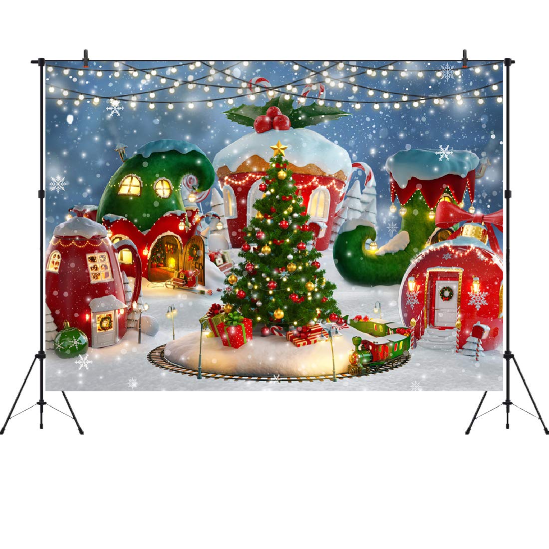 Aperturee 7x5ft Christmas Candy House Photography Backdrop Whoville Decoration Winter Snow Pine Tree Xmas Tree Snowflake Lollipop Background Newborn Baby Shower Photo Studio Booth Prop Banner