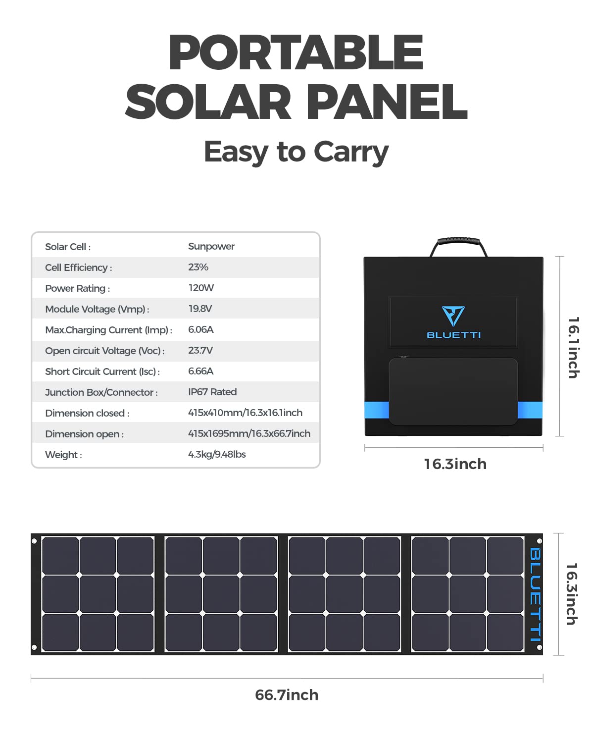 BLUETTI SP120 120W Solar Panel for AC200P/EB70/AC50S/EB150/EB240 Solar Generator,Portable Foldable Solar Panel for Outdoors Camping Vanlife Off Grid