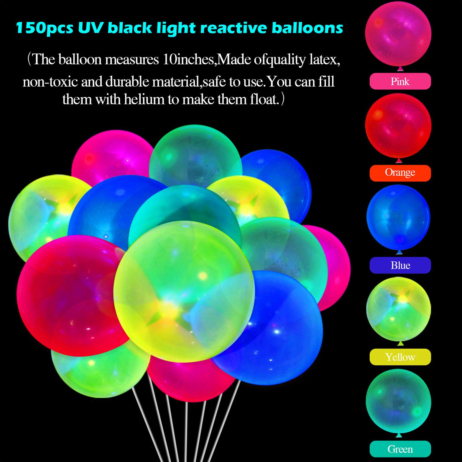 150 Pieces UV Neon Balloons, 12 Inch Blacklight Glow Party Balloons 5 Colors Neon Fluorescent Balloons for Blacklight Party, Birthday, Wedding Supplies