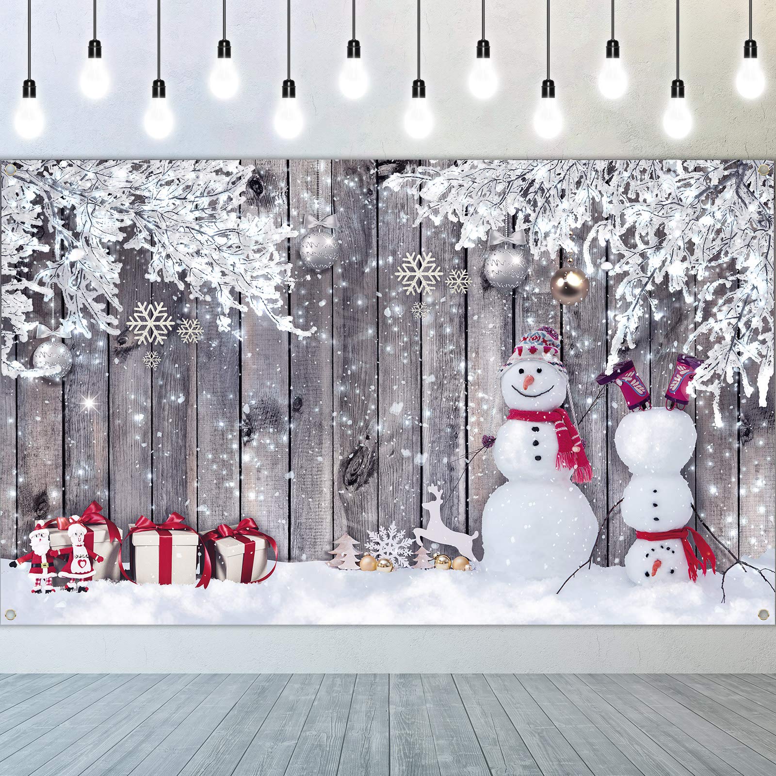 Fabric Wood Winter Snowman Backdrop for Photography - Merry Christmas New Year Party Photography Props, 72.8 x 43.3 Inch