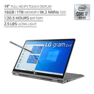 2020 LG Gram 2-in-1 Convertible Laptop: 14-inch FHD IPS Touchscreen Display, Intel 10th Gen Core i7-10510U CPU, 16GB RAM, 1TB (512GB x 2) M.2 MVMe SSD, Thunderbolt 3, Windows 10 (Renewed)