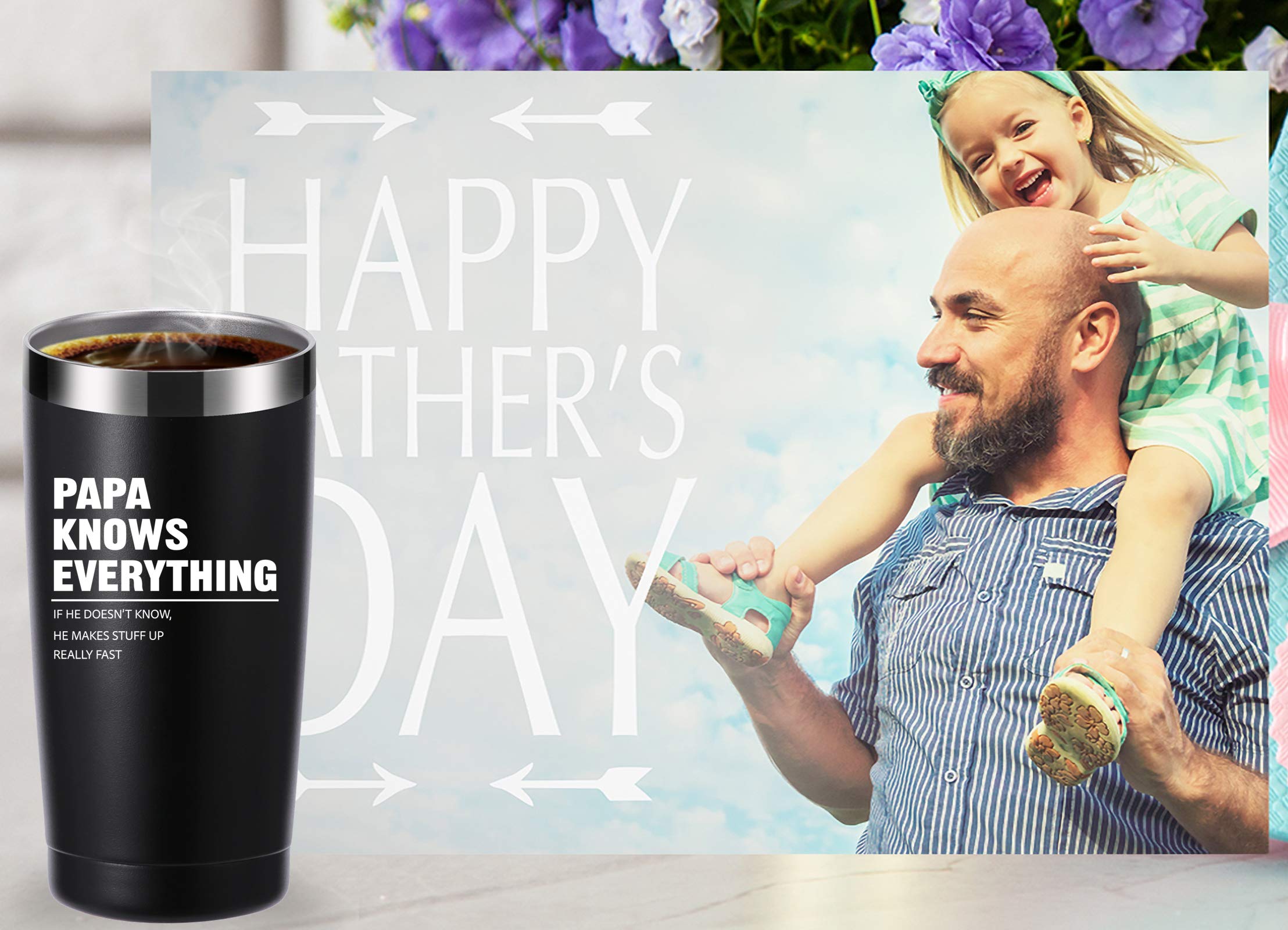 momocici Papa Knows Everything 20 OZ Tumbler.Dad Gifts from Daughter,Son,Wife.Birthday Gifts,Christmas Gifts for New Dad,Father,Husband,Men Travel Mug(Black)