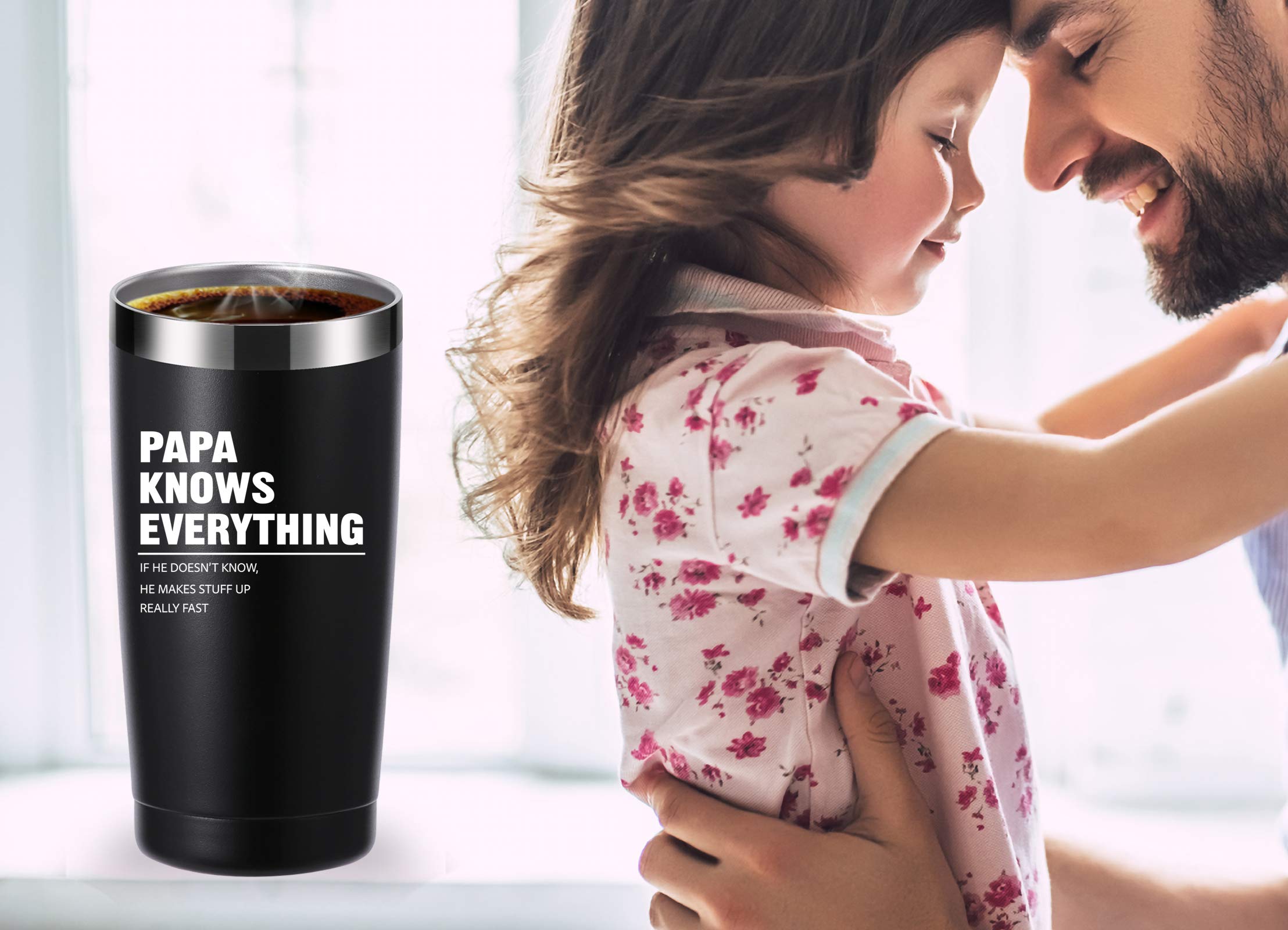 momocici Papa Knows Everything 20 OZ Tumbler.Dad Gifts from Daughter,Son,Wife.Birthday Gifts,Christmas Gifts for New Dad,Father,Husband,Men Travel Mug(Black)