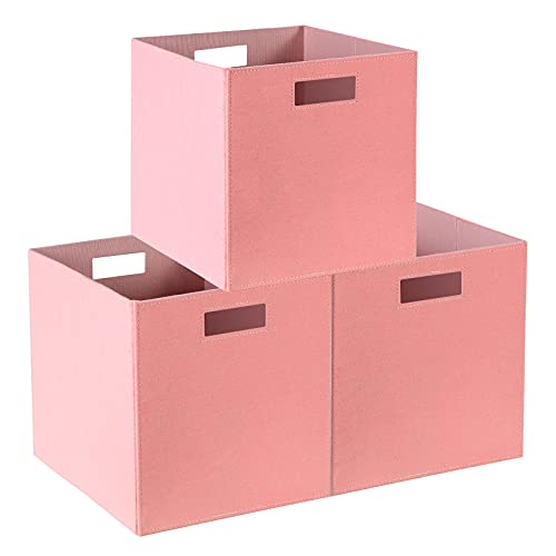 childishness ndup Foldable Cube Storage, 3 Packs, Collapsible Storage Bins with Dual Handles, Felt Storage Baskets for Bedroom, Playroom, Shelves, Nursery Closet Organizers 12 x 12 Inch, Pink