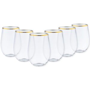 decorline elegant stemless wine goblets - 12 oz (pack of 6) - clear with luxurious gold rim - chic, durable & timeless design - perfect for entertaining and celebrations