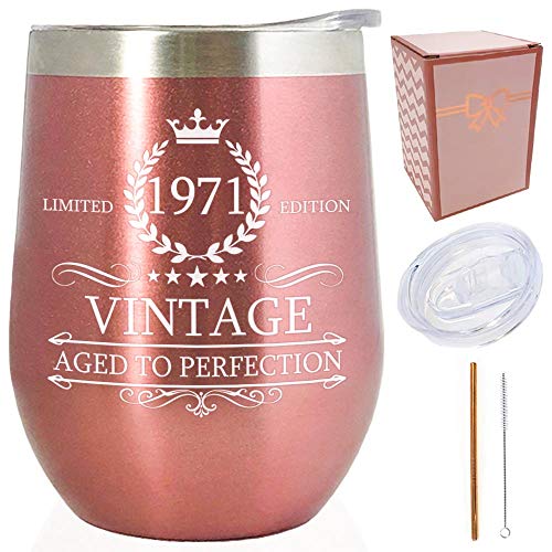 1971 52nd Birthday Presents for Women |Vintage Aged to Perfection Rose Gold 12 oz Insulated Double Wall/Stainless Steel Tumbler/Coffee Cup/Mug/Wine Glass w/Lid & Straw/ Funny Anniversary Ideas for her