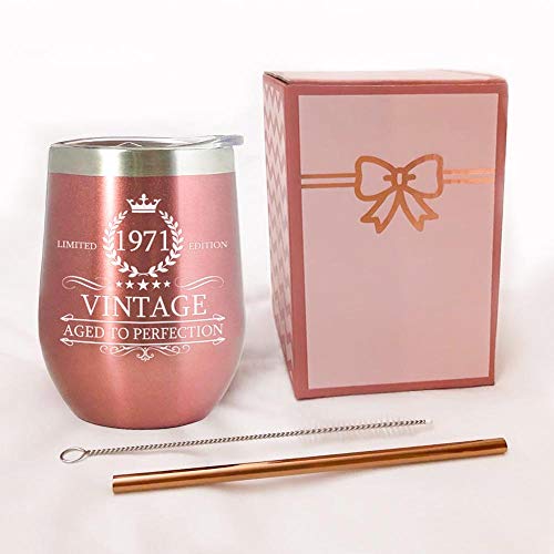 1971 52nd Birthday Presents for Women |Vintage Aged to Perfection Rose Gold 12 oz Insulated Double Wall/Stainless Steel Tumbler/Coffee Cup/Mug/Wine Glass w/Lid & Straw/ Funny Anniversary Ideas for her