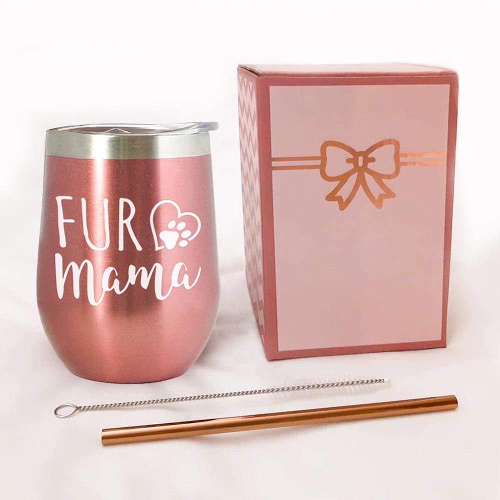 Fur Mama - Cat Dog Animals Lovers Gift for her - 12 oz Stainless Steel Wine Tumbler/Coffee Cup/Mug/Glass w/Lid & Straw|Funny Sayings Gift Idea for Woman,Sisters,BFF,Wife (12 oz, Fur Mama - Rose Gold)