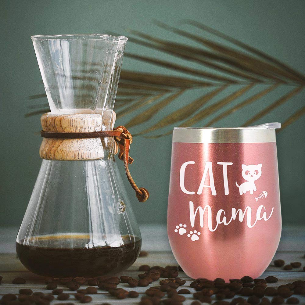 Cats Lovers Gift for her - Cat Mama 12 oz Rose Gold Stainless Steel Wine Tumbler/Coffee Cup/Mug/Glass w/Lid & Straw | Funny Sayings Valentine's/Mother's Day present Idea for Women, Sisters, BFF, Wife