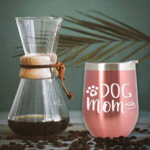 Dogs Lovers Mother's Day Gift for her - Dog Mom 12 oz Stainless Steel Wine Tumbler/Coffee Cup/Mug/Glass | Funny Sayings Gift Idea for Woman,Sisters,BFF,Wife,Coworker (12 oz, Dog Mom - Rose Gold)