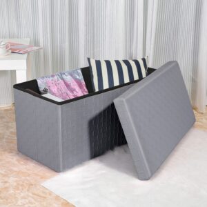 B FSOBEIIALEO Folding Storage Ottoman, Faux Leather Footrest Seat Long Bench Storage Box Chest, Grey 30"x15"x15"