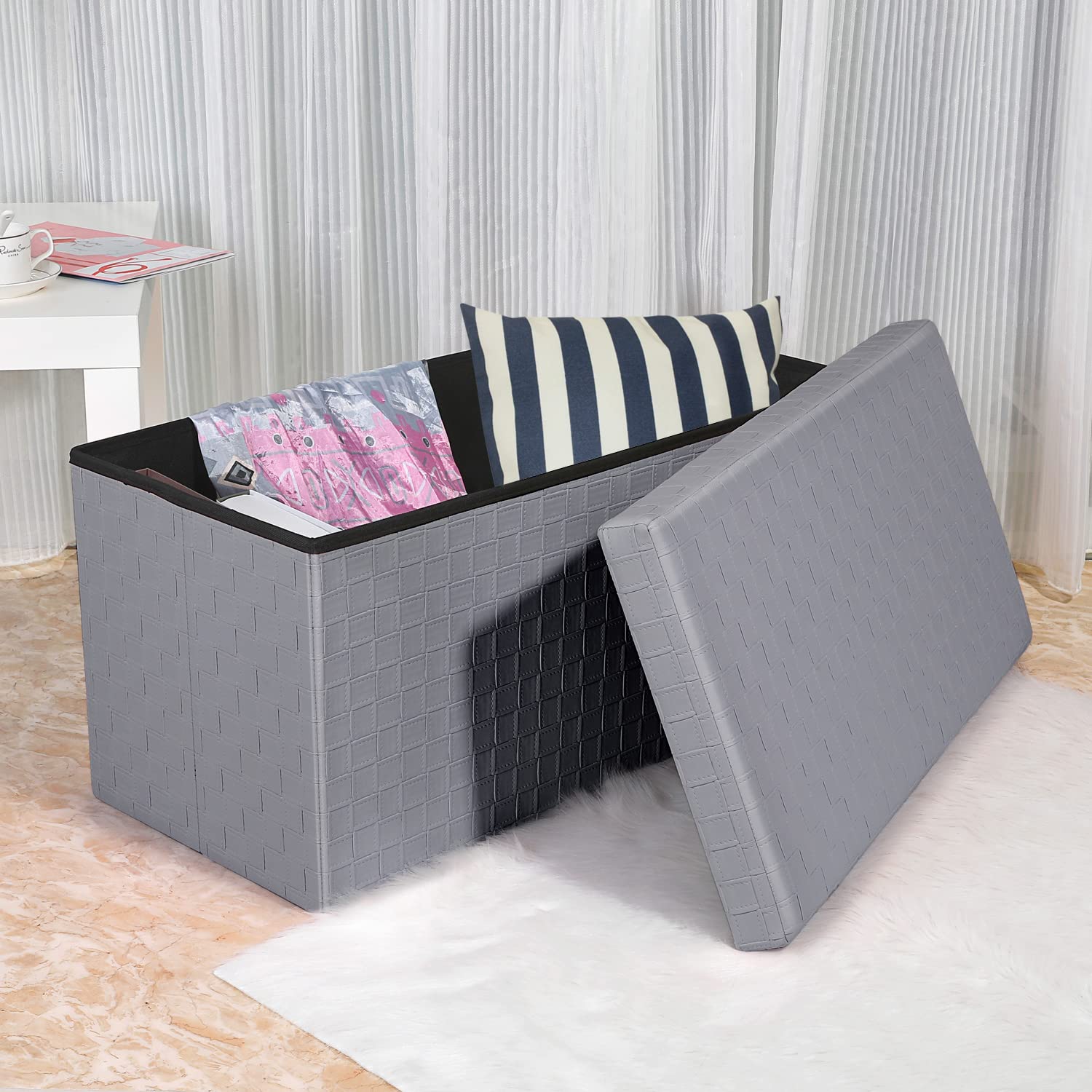 B FSOBEIIALEO Folding Storage Ottoman, Faux Leather Footrest Seat Long Bench Storage Box Chest, Grey 30"x15"x15"